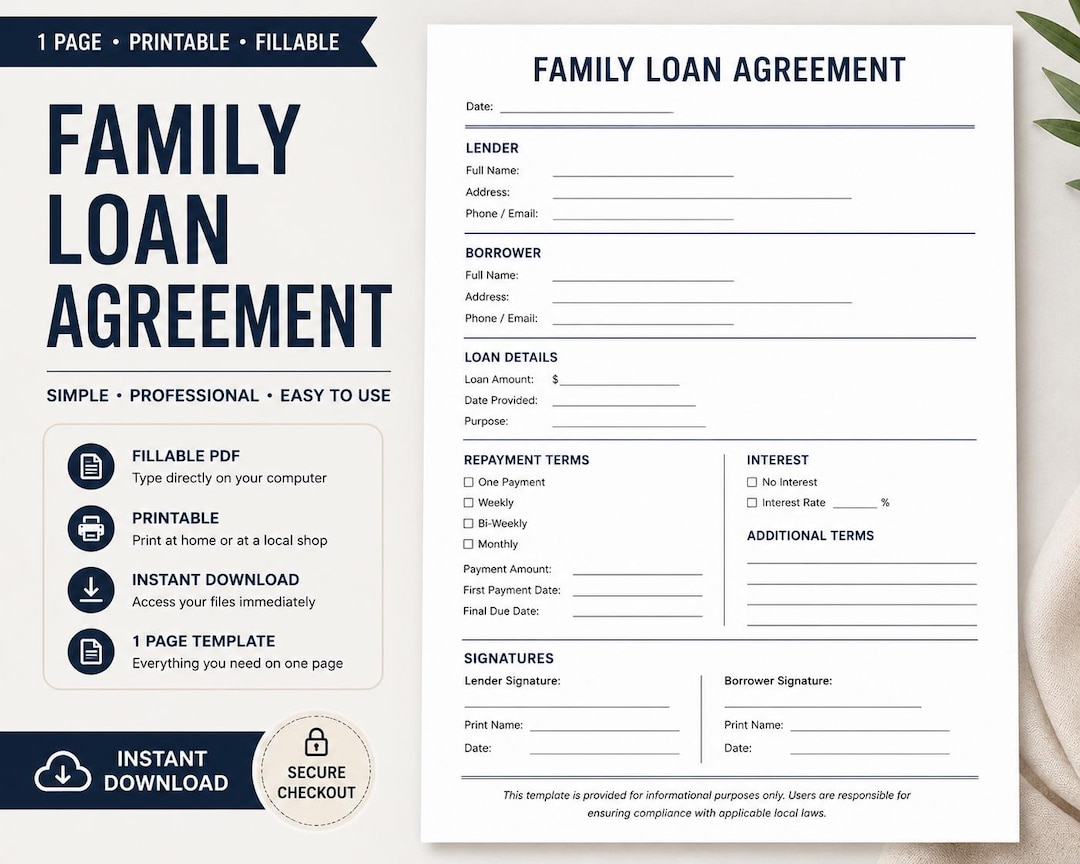 Family Loan Agreement Template | Fillable, Printable Contract (instant ...