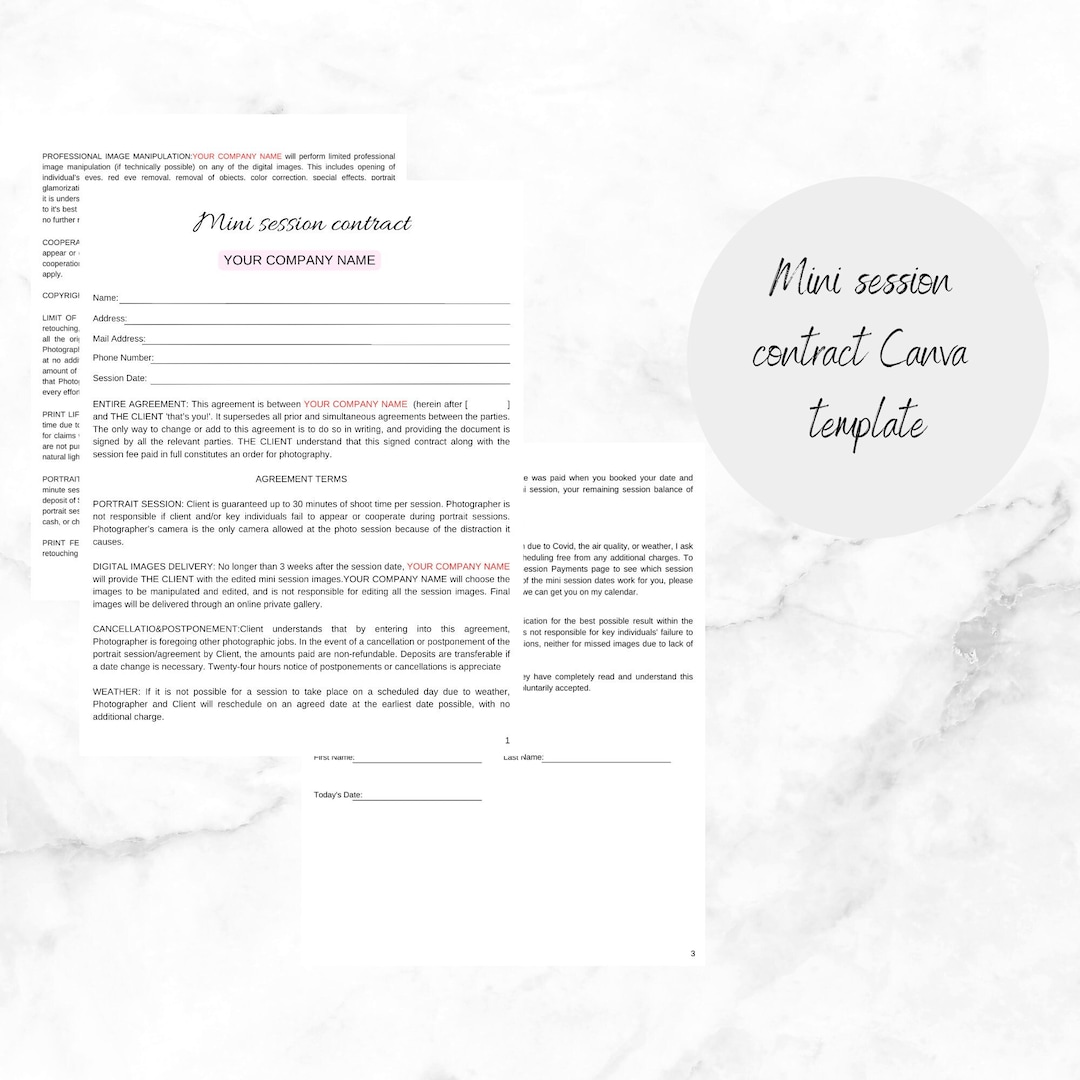 Photography Mini Session Contract Canva Template , EDITABLE Photography ...