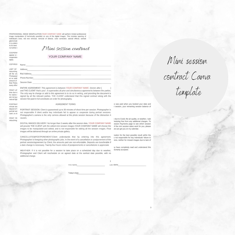 Photography Mini Session Contract Canva Template , EDITABLE Photography ...