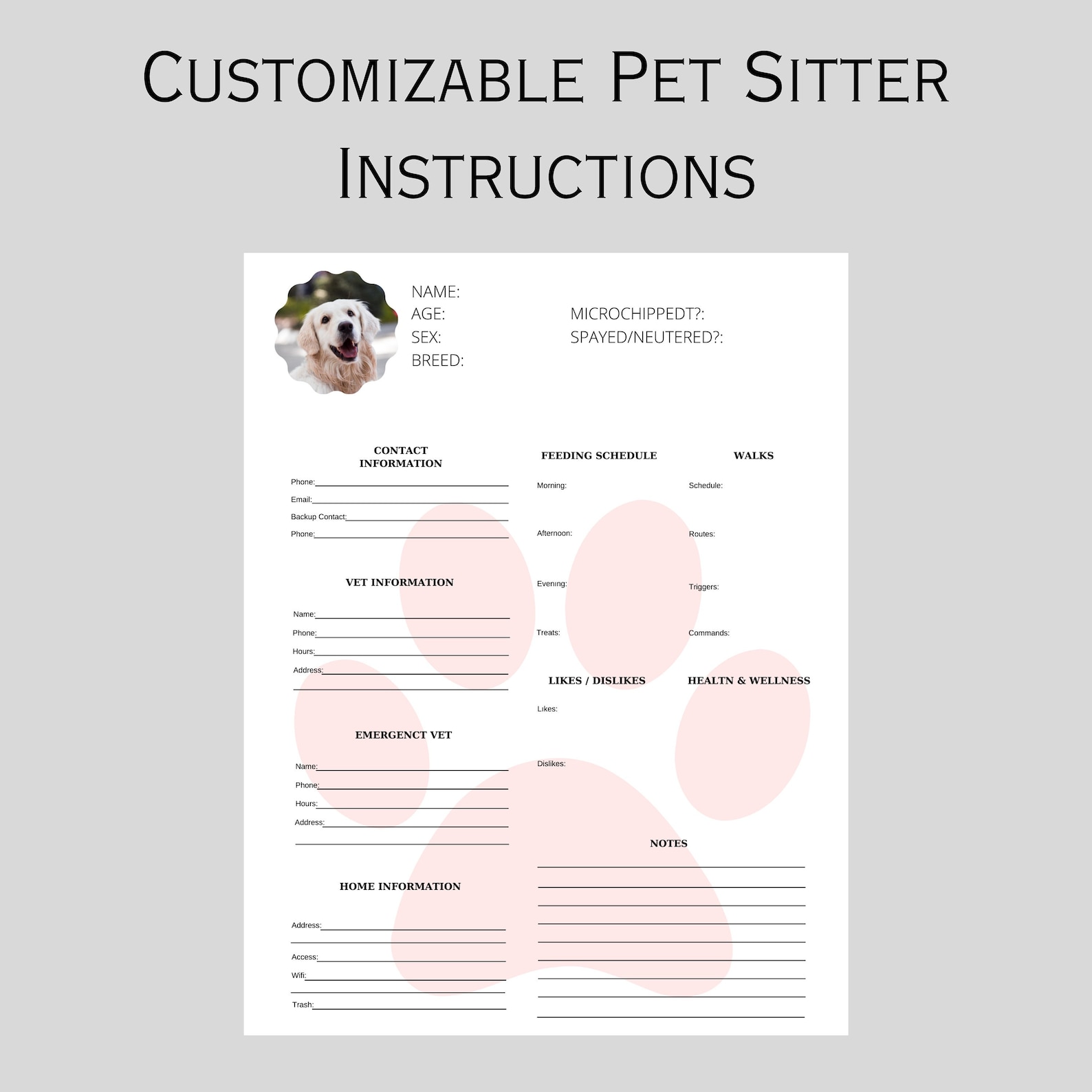 Customizable Pet Sitter Instructions: Dog & Cat Care (canva Template ...