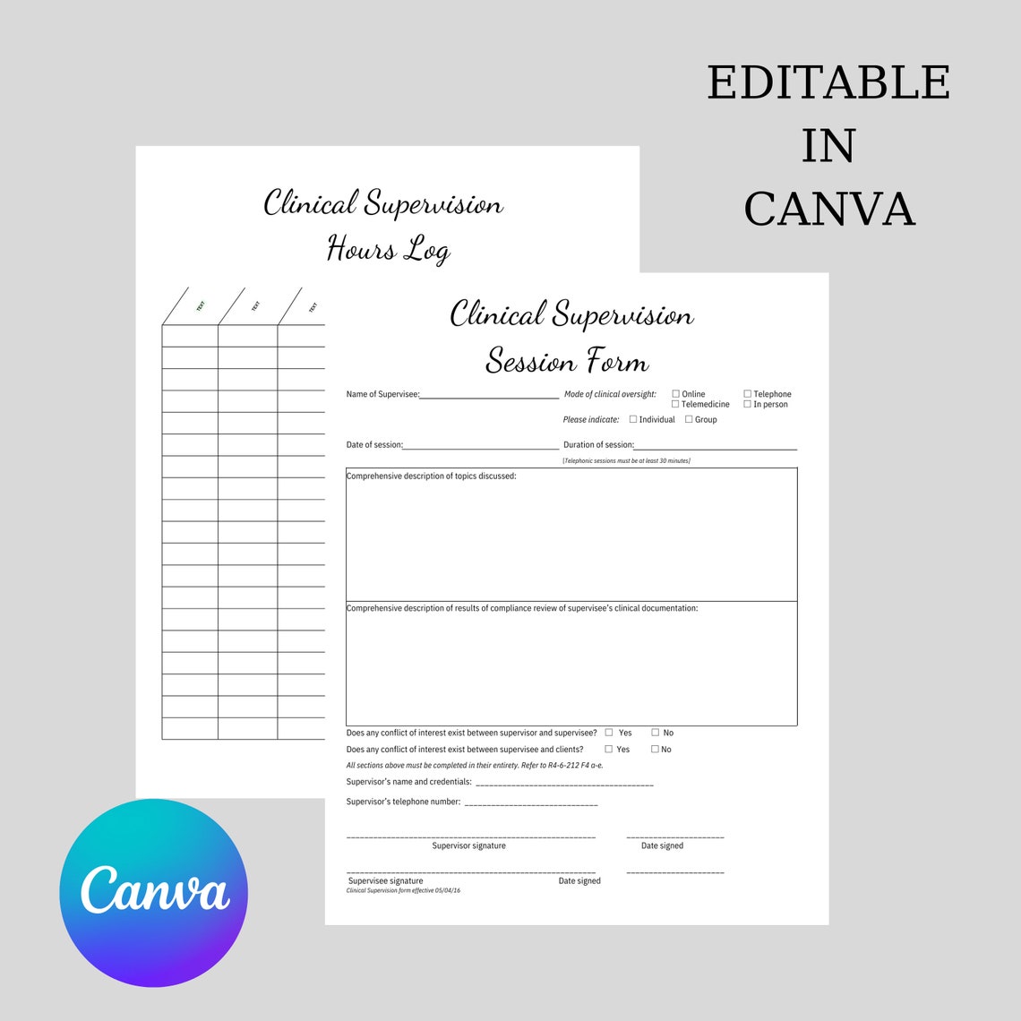 Clinical Supervision Form & Hours Log: Minimalist CANVA Template - Etsy
