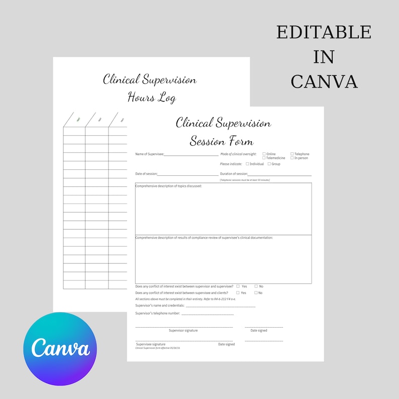Clinical Supervision Form & Hours Log: Minimalist CANVA Template - Etsy