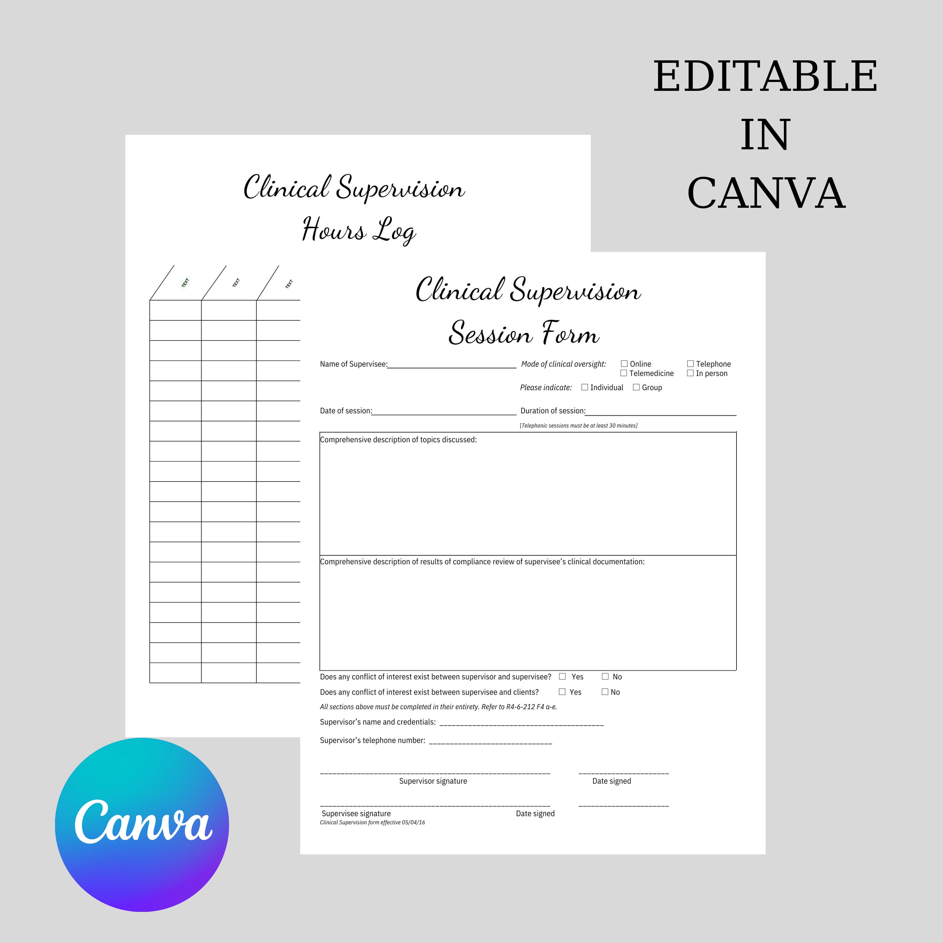 Clinical Supervision Form & Hours Log: Minimalist CANVA Template - Etsy