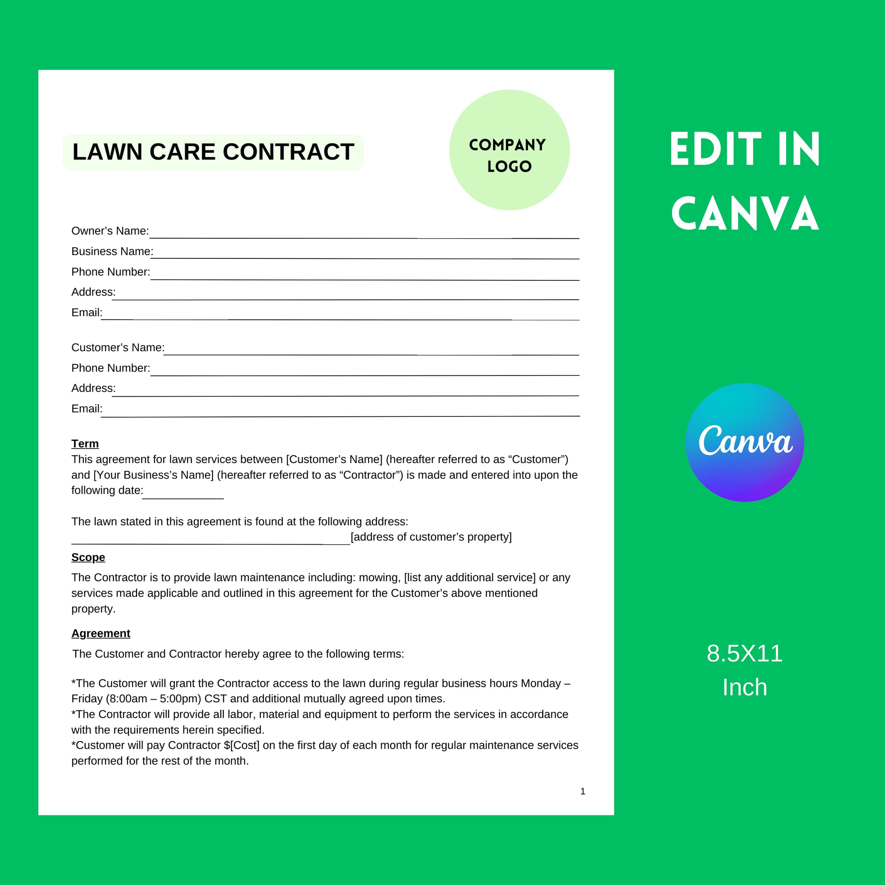 Lawn Care Agreement Template: Editable Landscaping Contract (canva, 8 ...