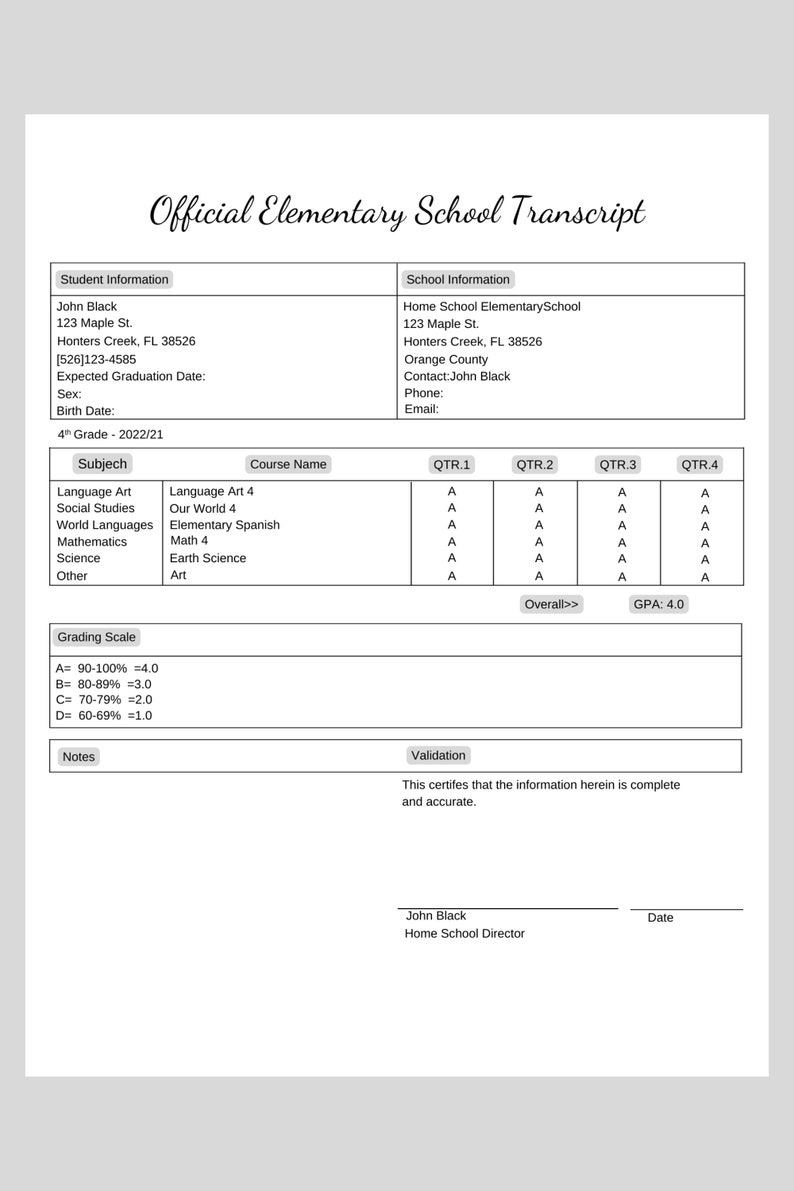 Simple 1 Year Homeschool Transcript Canva Template - Etsy
