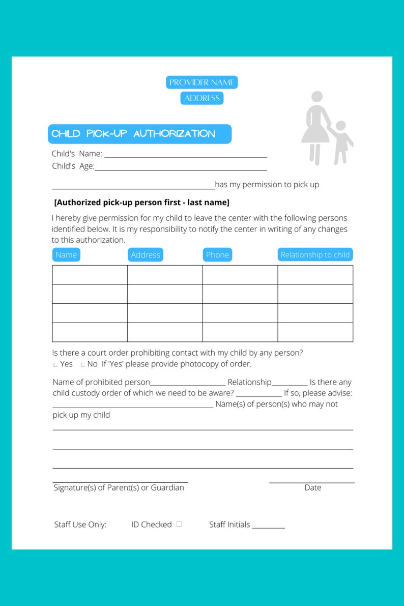 DIY Child Pick-up Form, Authorized Pick-up, Perfect for Daycare ...