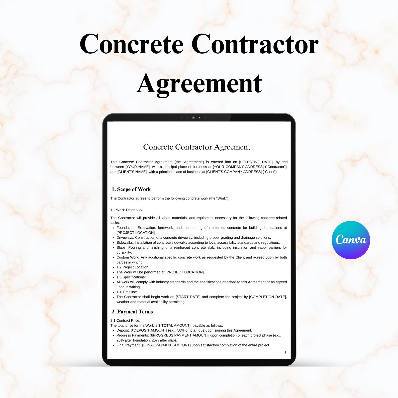 Concrete Contractor Agreement Template, Customizable Business Forms ...