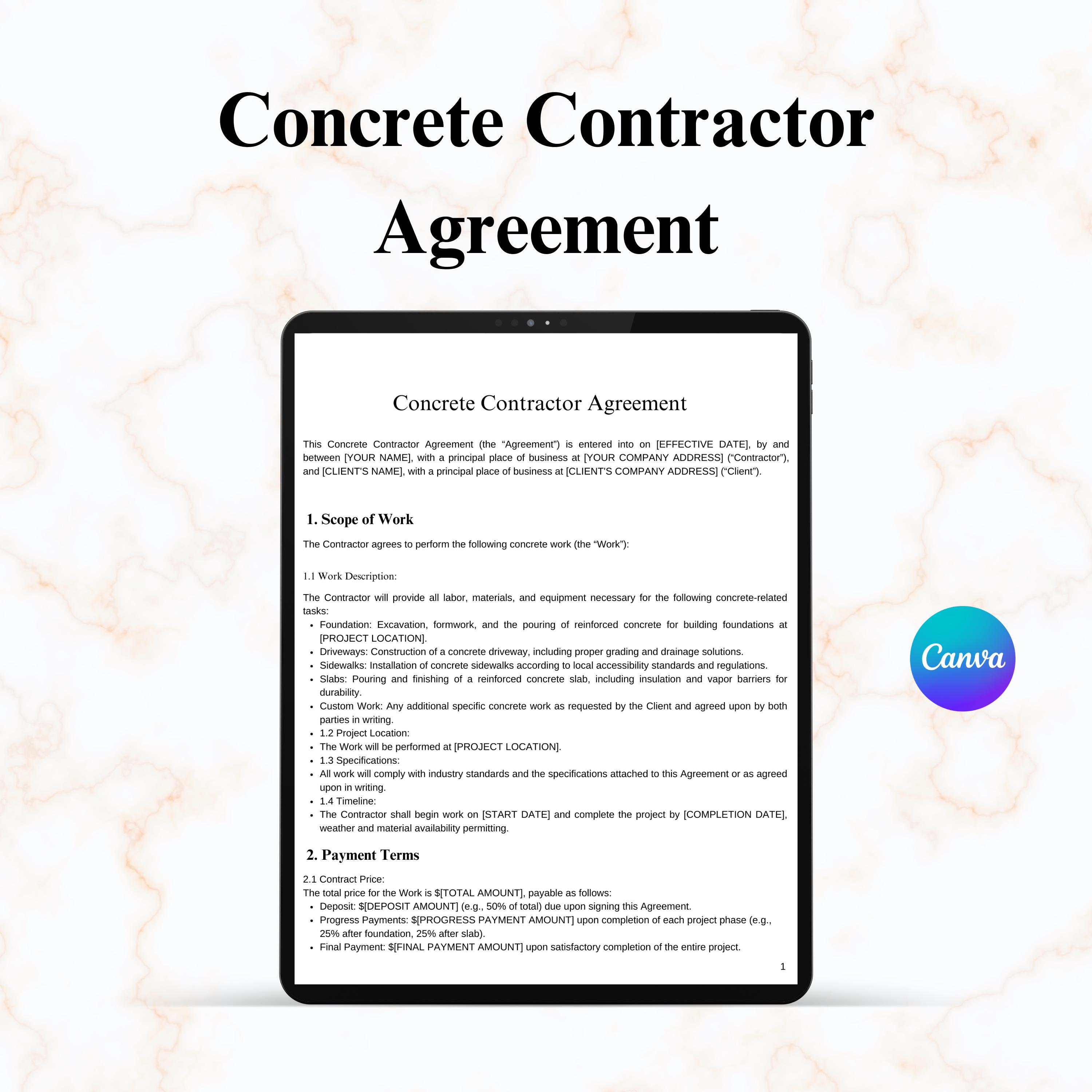 Concrete Contractor Agreement Template, Customizable Business Forms ...