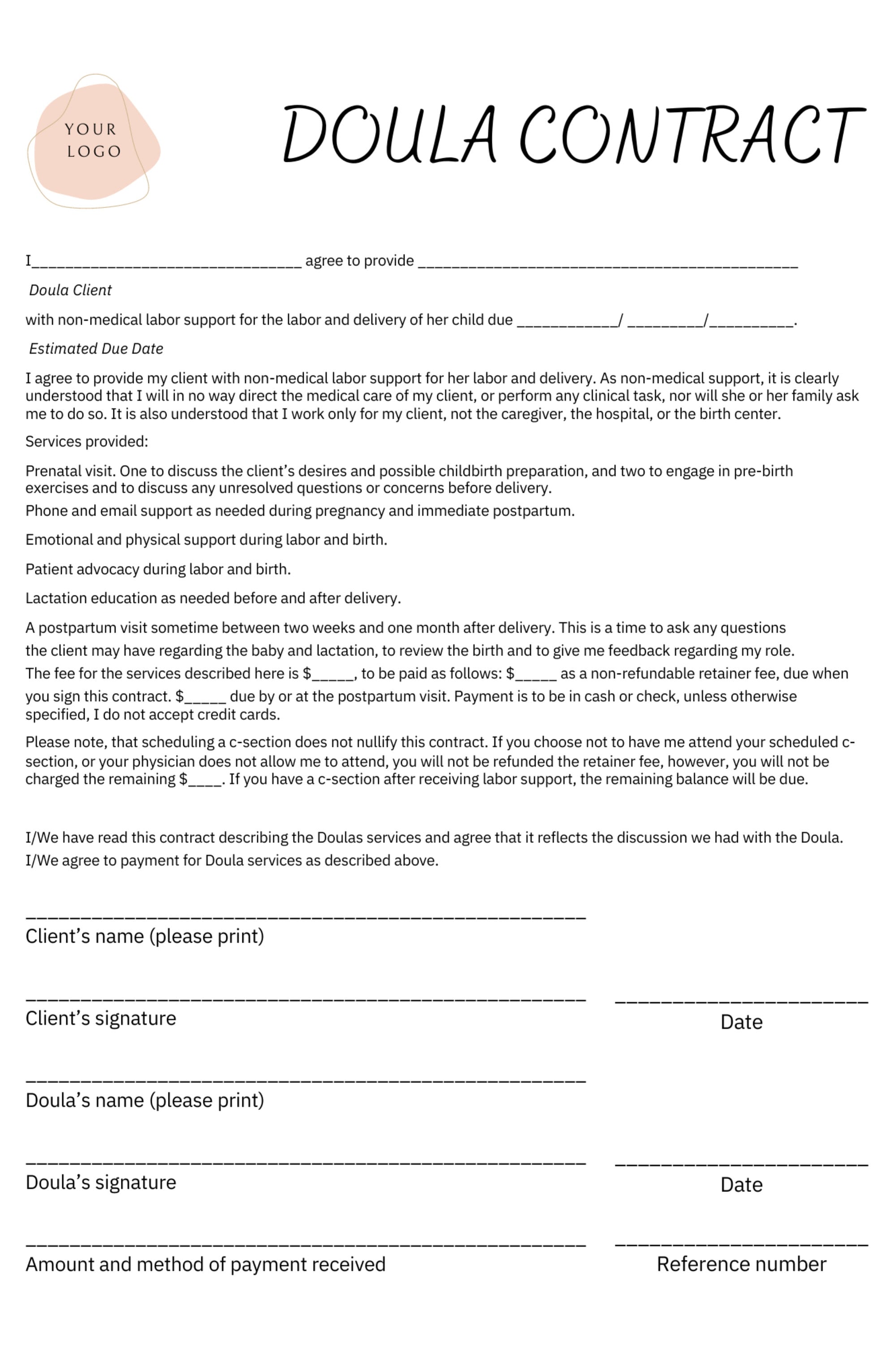 Editable Doula Client Contract Template: DIY Doula Forms (canva) - Etsy