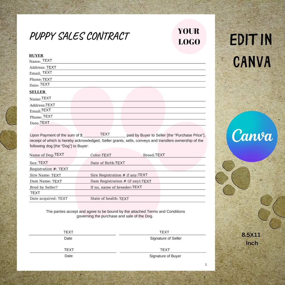 Editable Puppy Sales Contract Template: Paw Print Design (CANVA ...