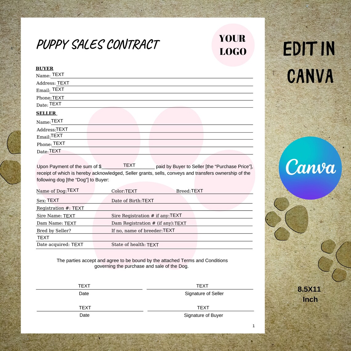 Editable Puppy Sales Contract Template: Paw Print Design (CANVA ...