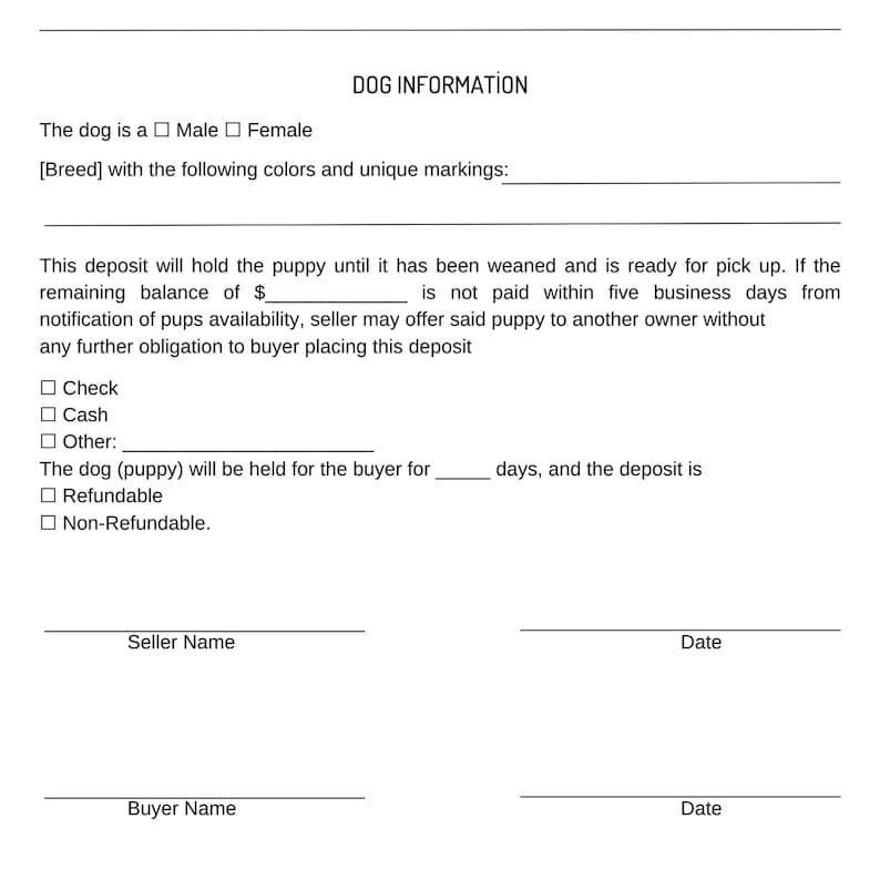 Puppy Deposit Receipt: Fillable Canva Template (digital Download) - Etsy