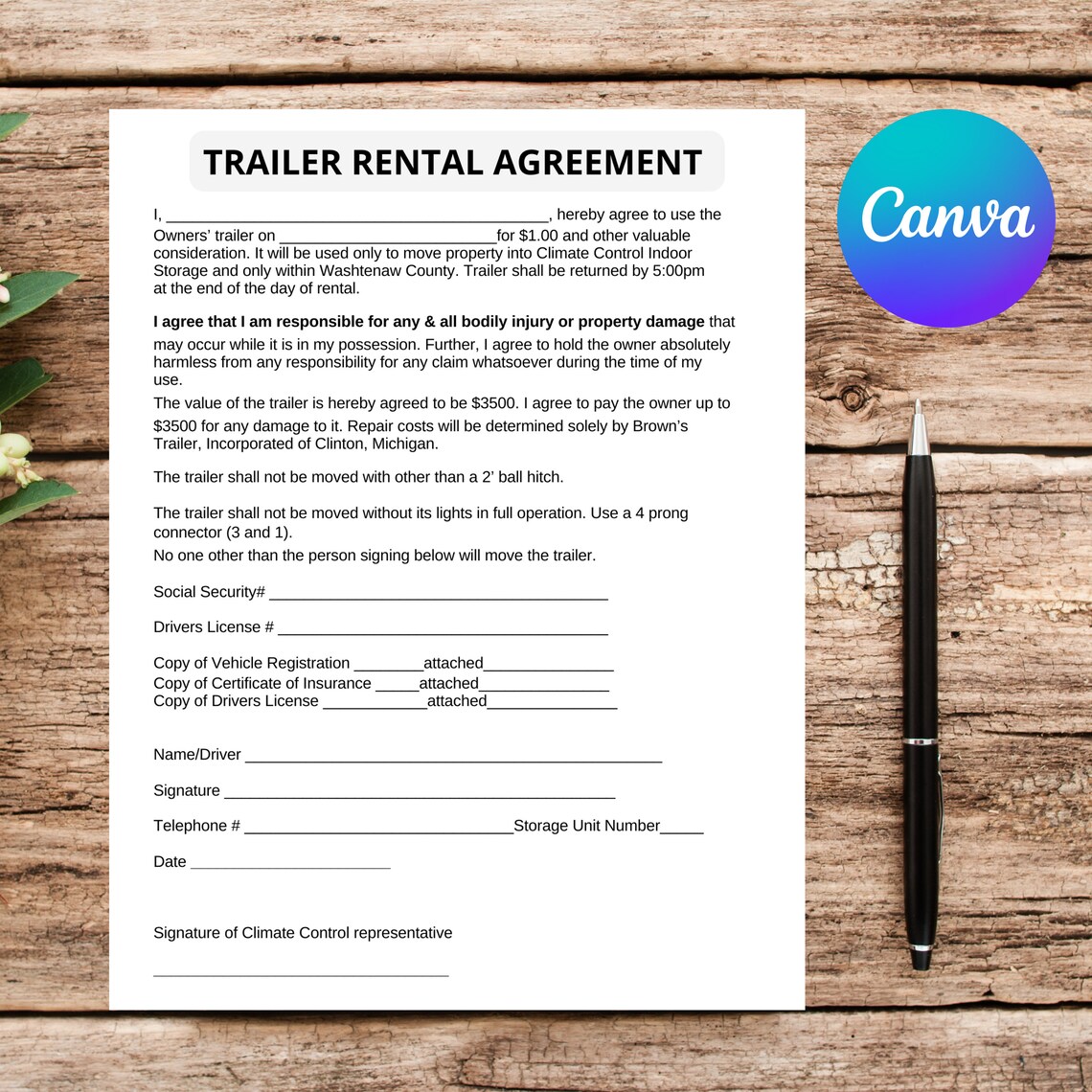EDITABLE Trailer Rental Agreement, Instant Download - Etsy