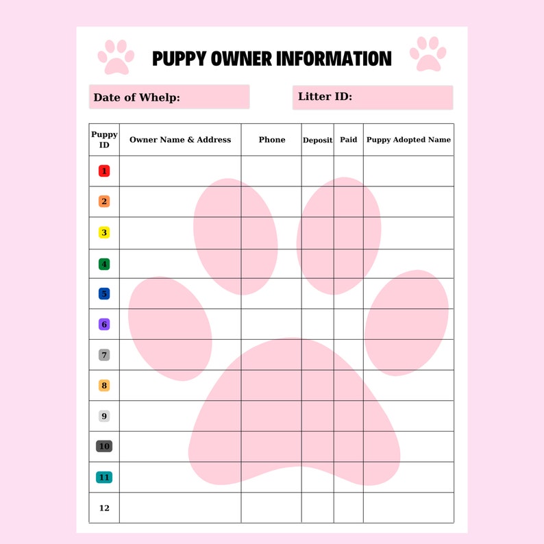 DIY Edıtable Puppy Whelping Charts for Record Keeping Great for ...