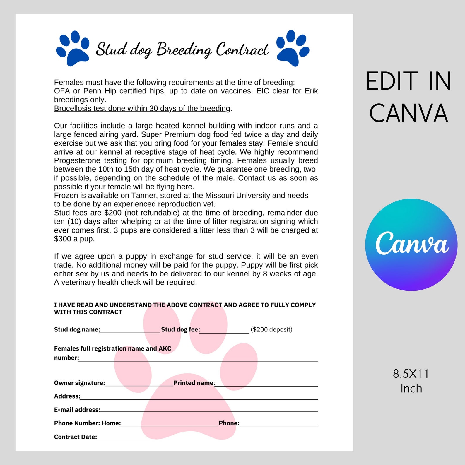 Stud Dog Breeding Contract, Canva Template, Customızable - Etsy