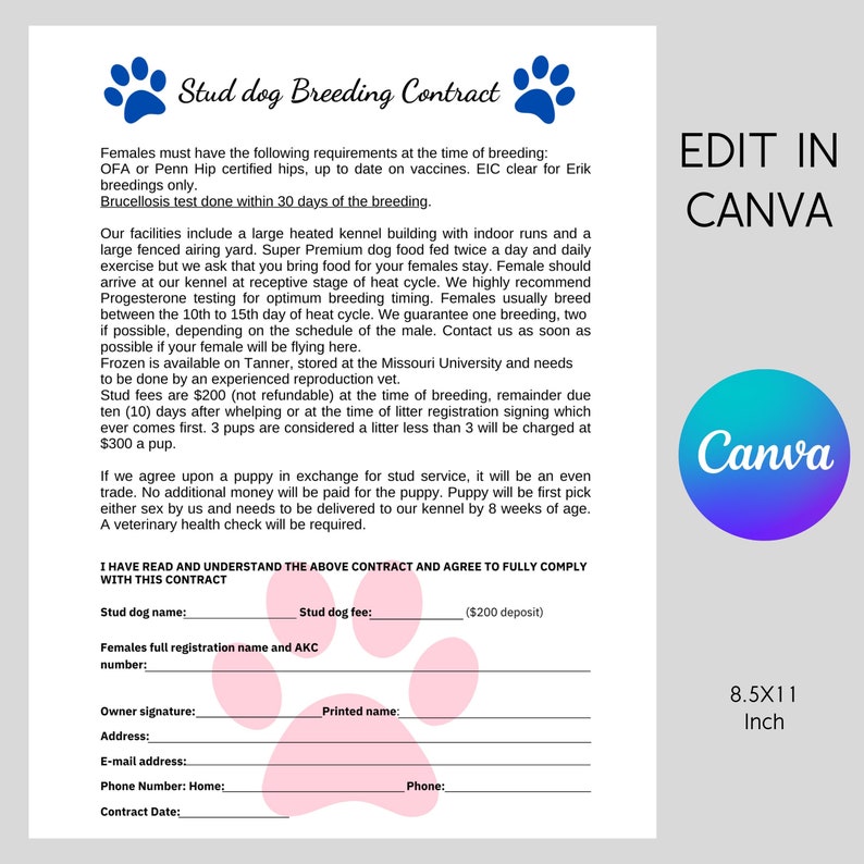 Stud Dog Breeding Contract Canva Template Custom zable Etsy