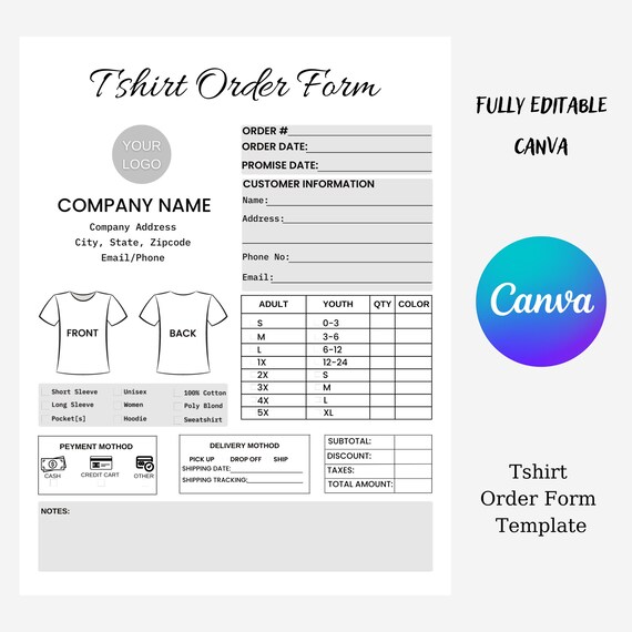 DIY Tshirt Order Form Shirt Order Form Canva Template Custom - Etsy