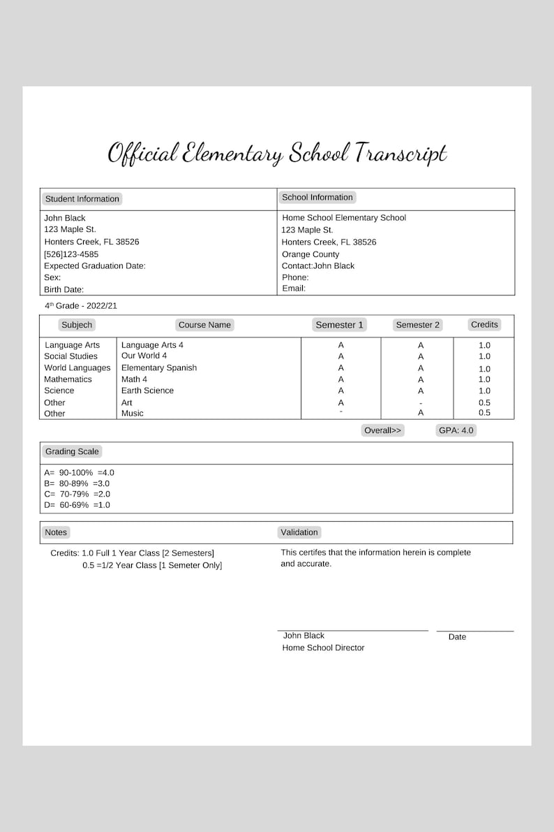 Simple 1 Year Homeschool Transcript Canva Template - Etsy