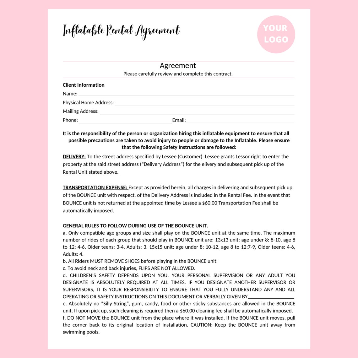 DIY Inflatable Rental Contract Agreement, 3 Page, Canva EDITABLE ...