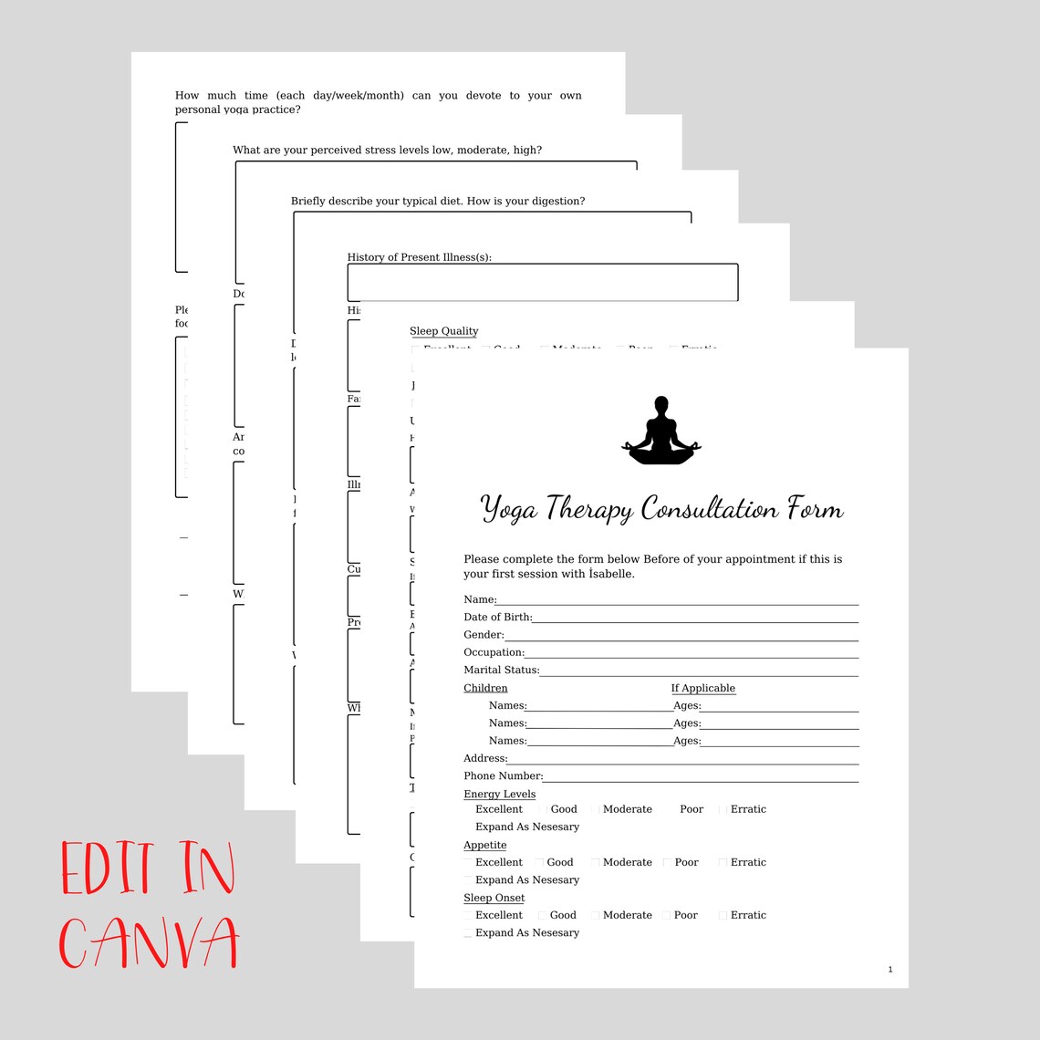 Fillable Yoga Therapy Consultation Form Canva Template, Yoga Teacher ...