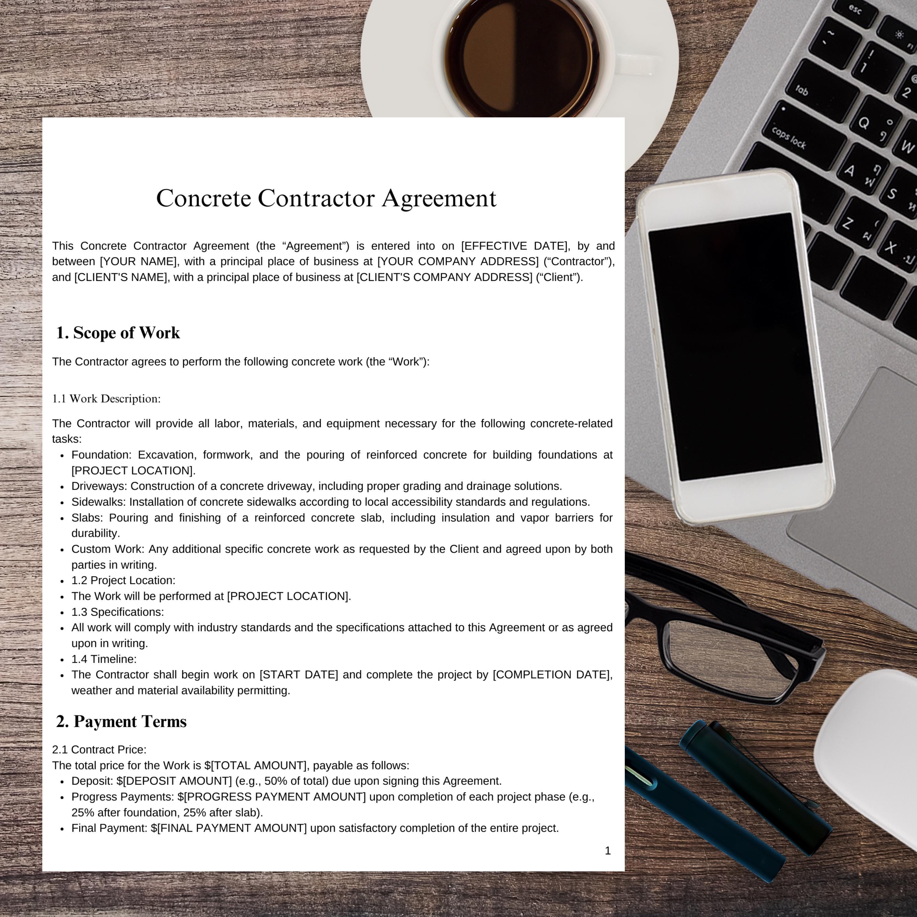 Concrete Contractor Agreement Template, Customizable Business Forms ...