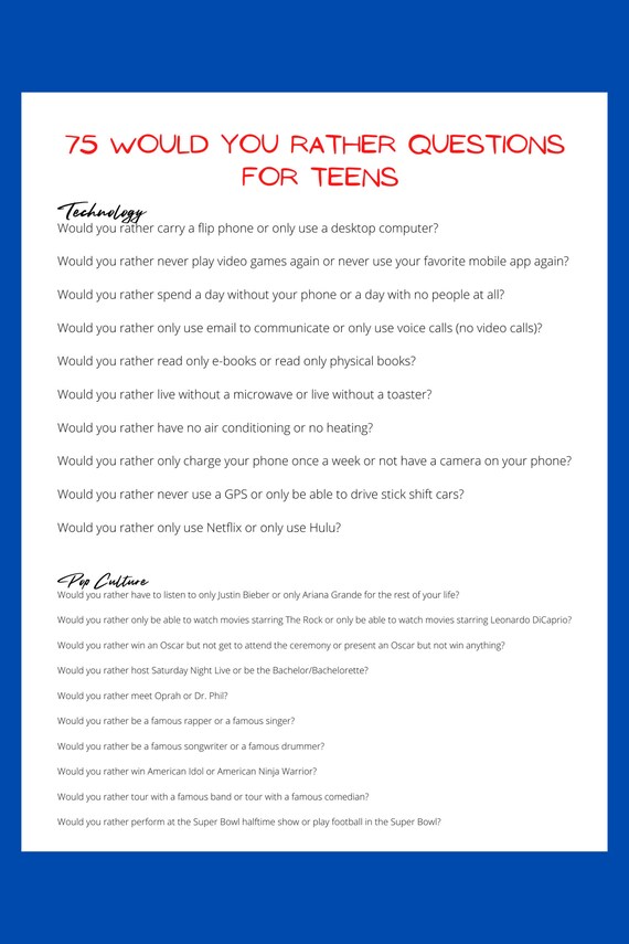 75 Would You Rather Questions for Teens Canva Editable - Etsy Canada
