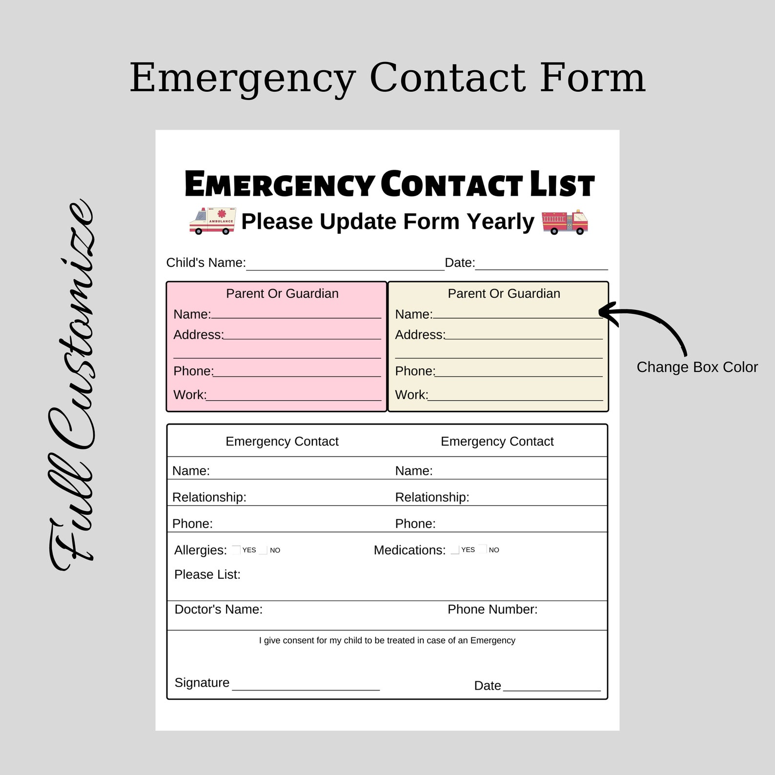 DIY Emergency Contact Form: Daycare, Preschool, Center (canva Template ...
