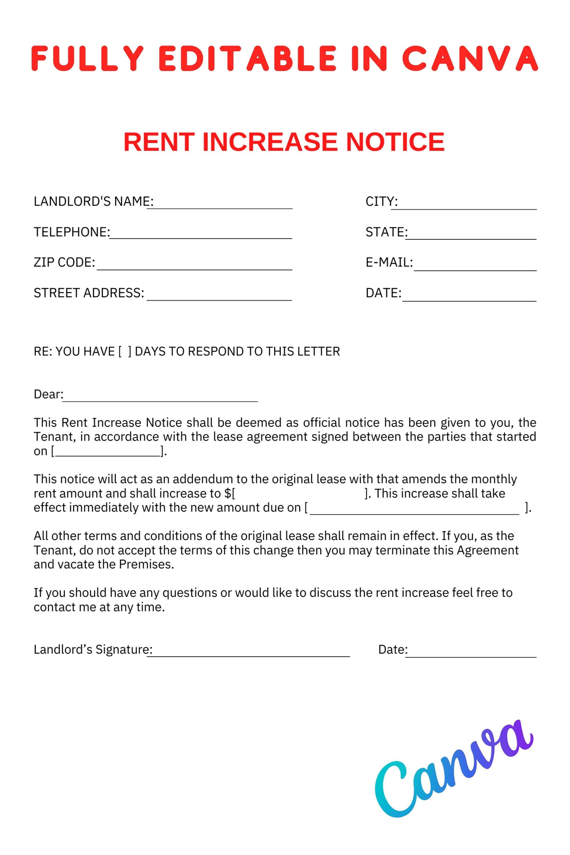 Rental Increase Notice, Rent Increase Form, Editable Canva PERSONALİZED ...