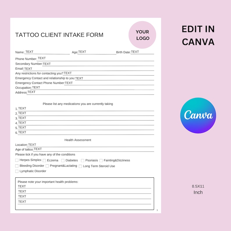 Tattoo Client Intake Form, Edıtable, Canva Template, Personalizable - Etsy
