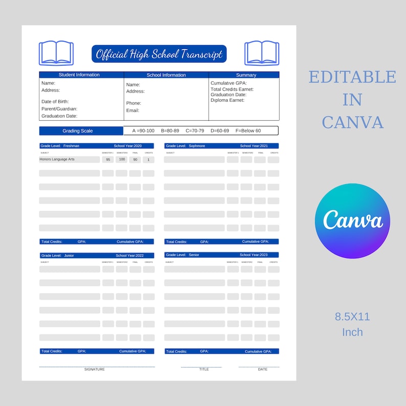 Homeschool High School Transcript Template: Editable Canva Design (8 ...