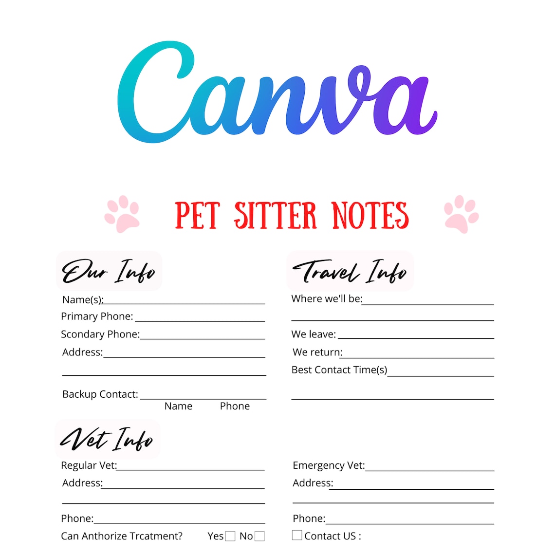 Pet Sitter Notes Printable Canva Template , Owner Info Template, Daily ...