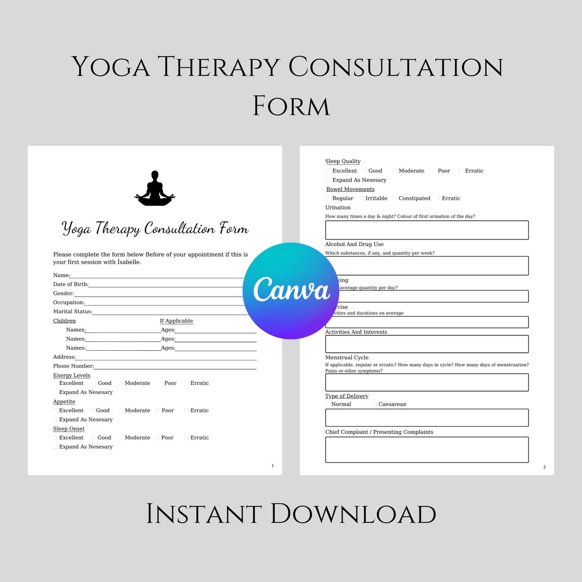 Fillable Yoga Therapy Consultation Form Canva Template, Yoga Teacher ...