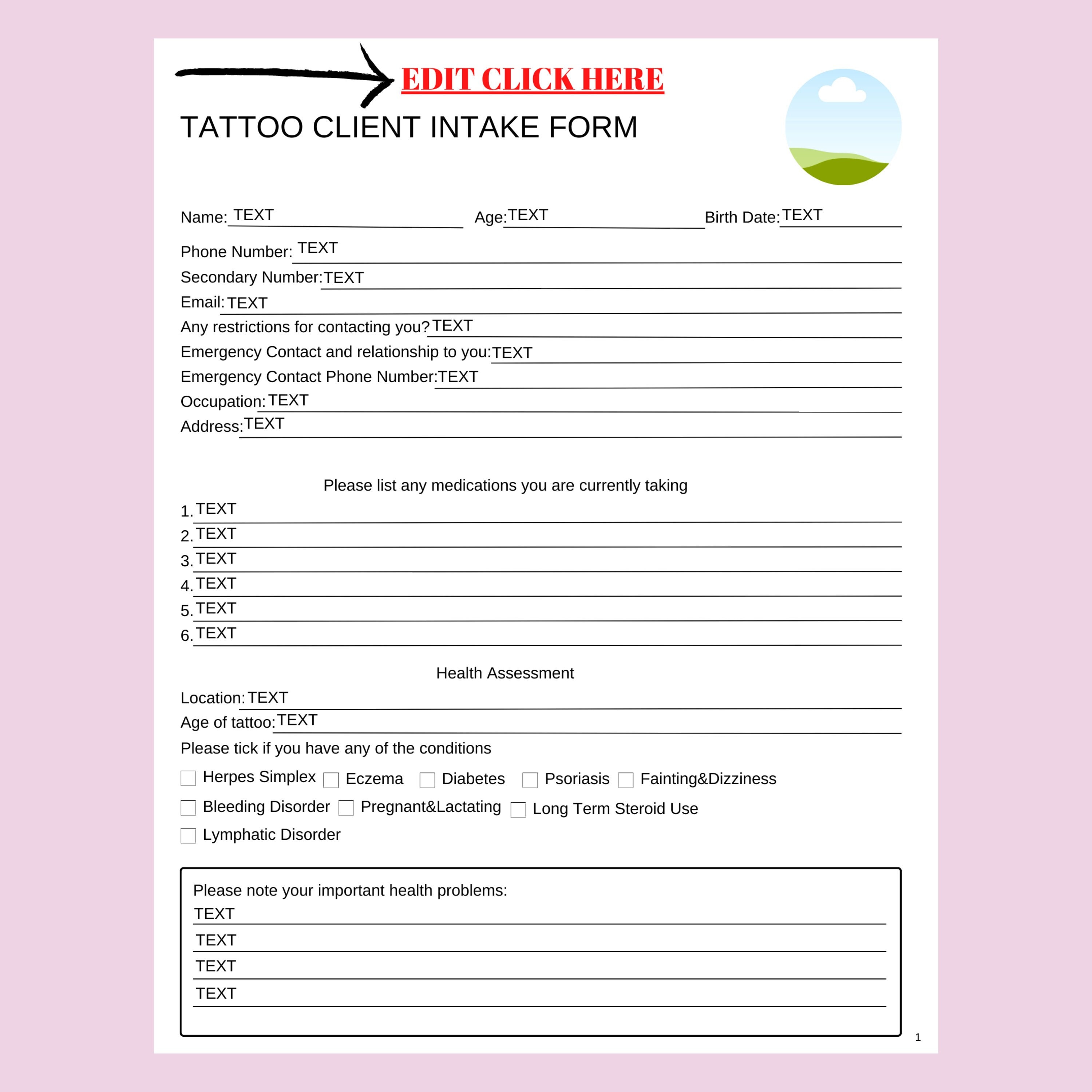 Tattoo Client Intake Form, Edıtable, Canva Template, Personalizable - Etsy