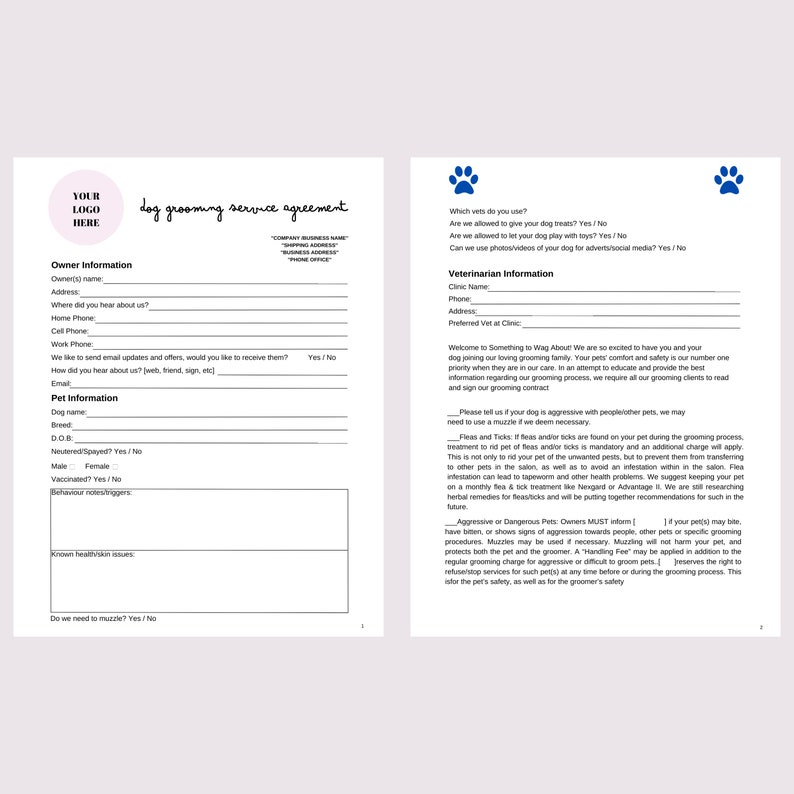 Dog Grooming Service Agreement: Editable Canva Template (8.5x11 Inches ...