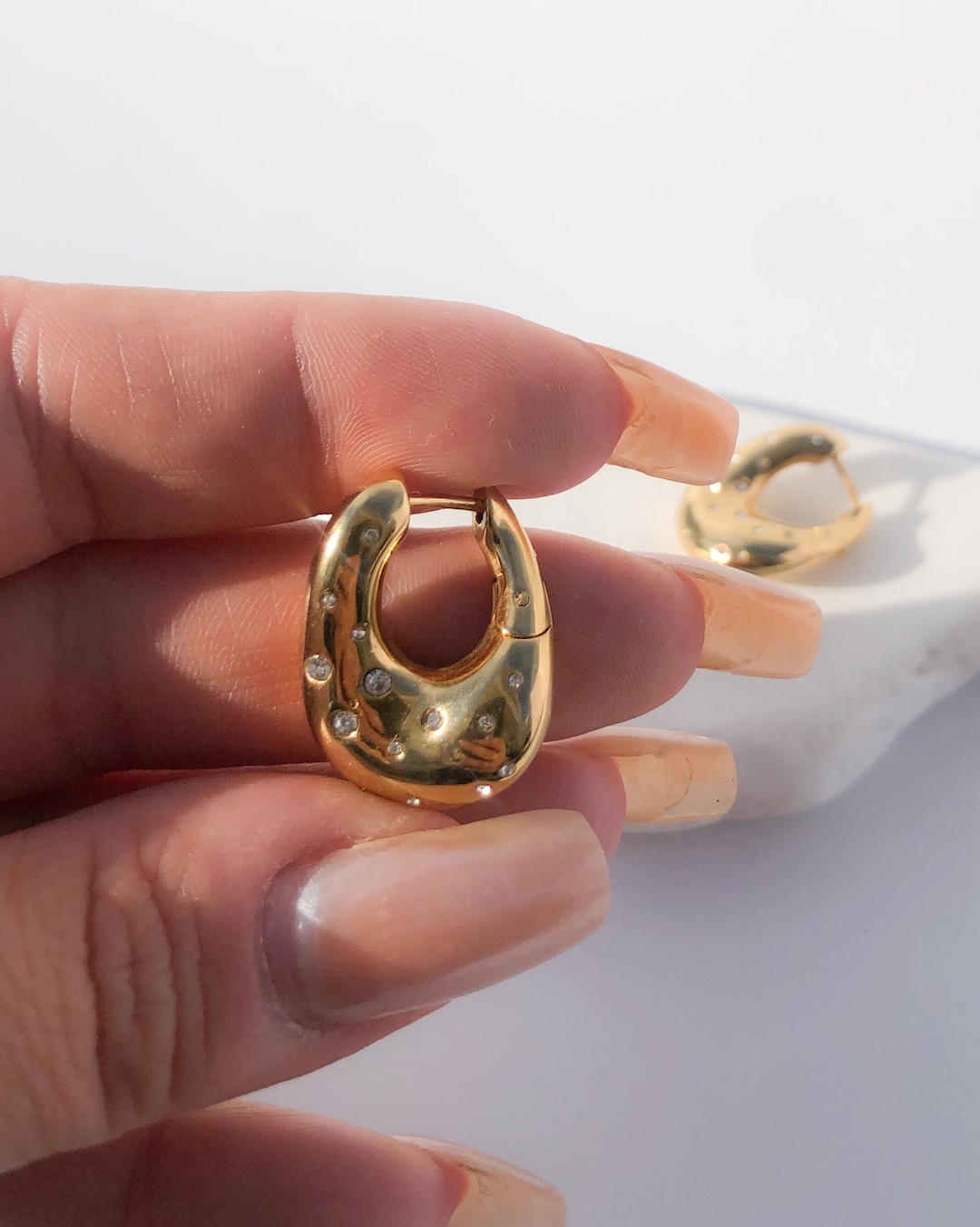 Gold Abstract Hoop Earrings | Stainless Steel Rhinestone Design - Etsy