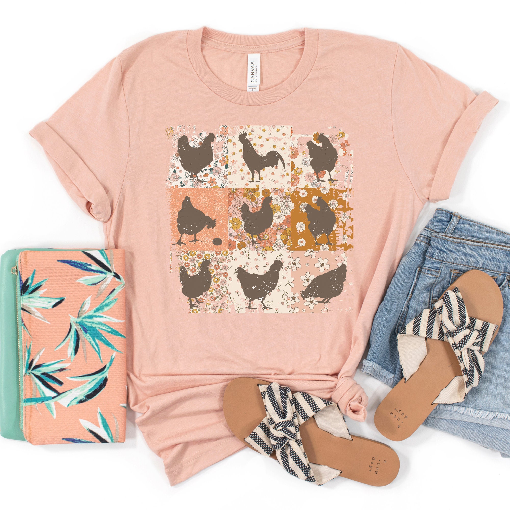 Cute Vintage Floral Rooster Tee Peach Summer Country Tees Western ...
