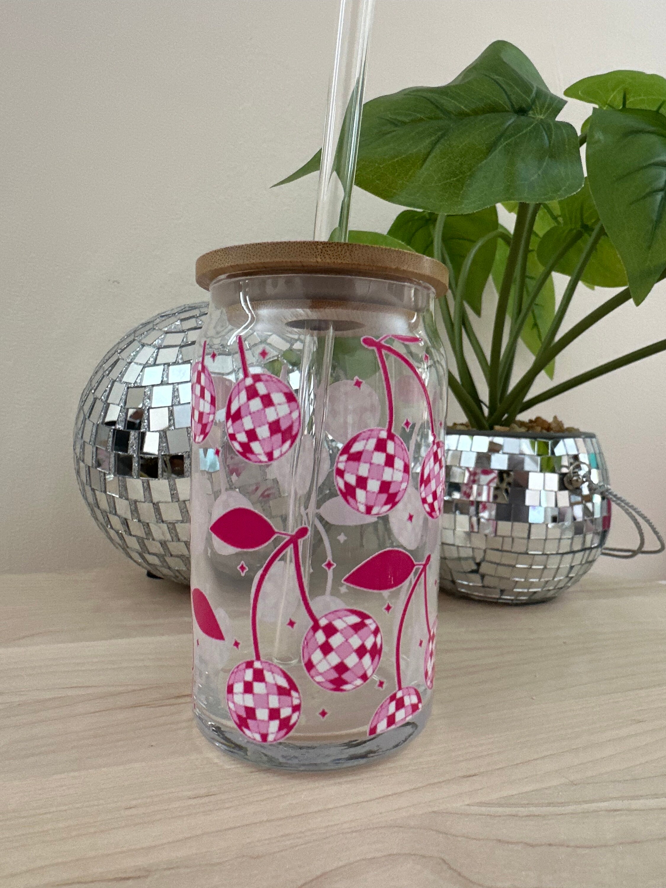 Disco Ball Cherry Glass Tumbler Preppy Trendy Pink Aesthetics Beer ...