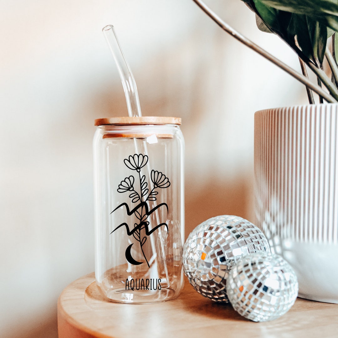Zodiac Sign Custome Glass Cup With Lid and Straw Whimsical Astrology ...
