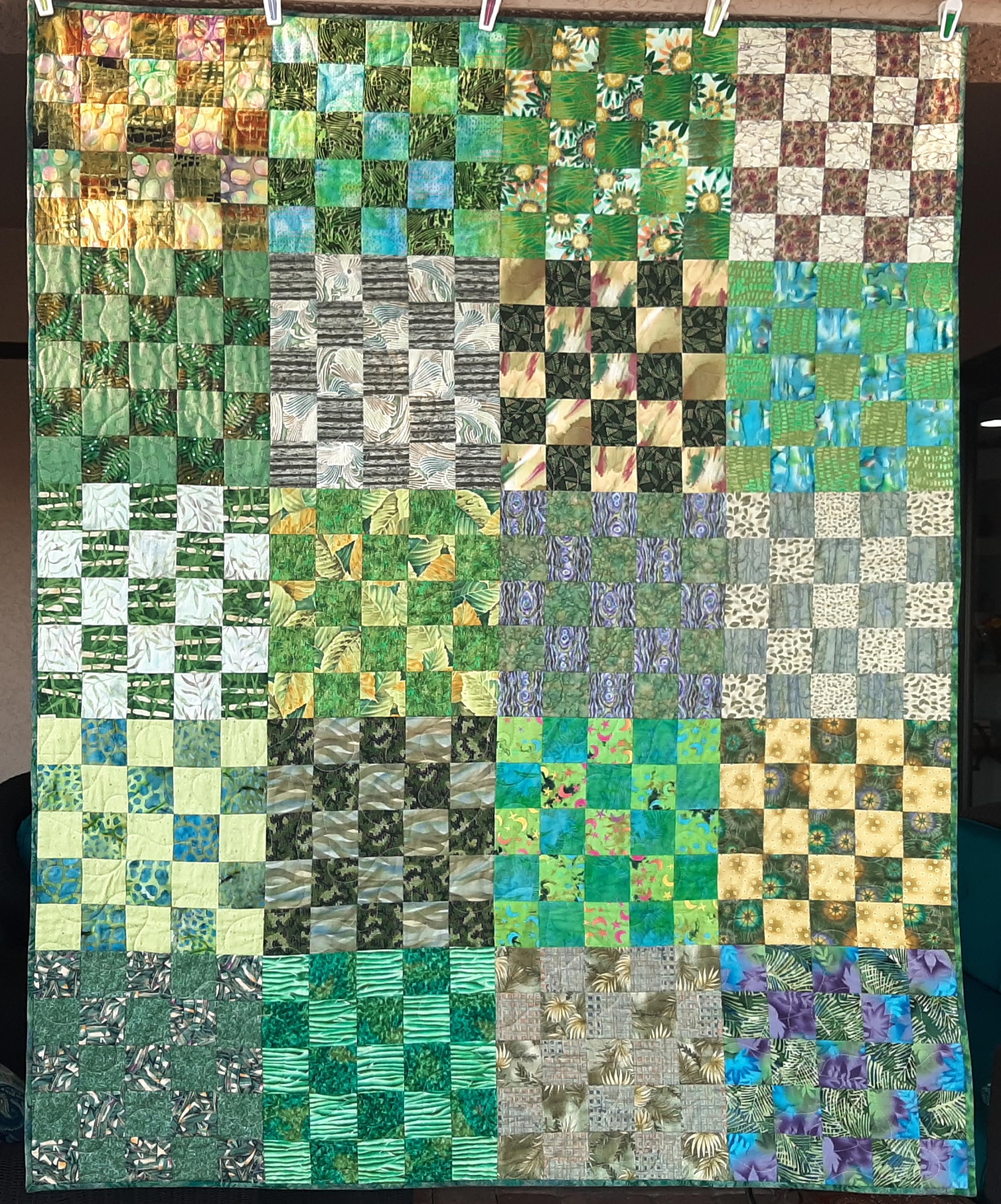 Green Scrap Quilt, Kaffe Fassett Pattern, Checkerboard, Machine Quilted ...