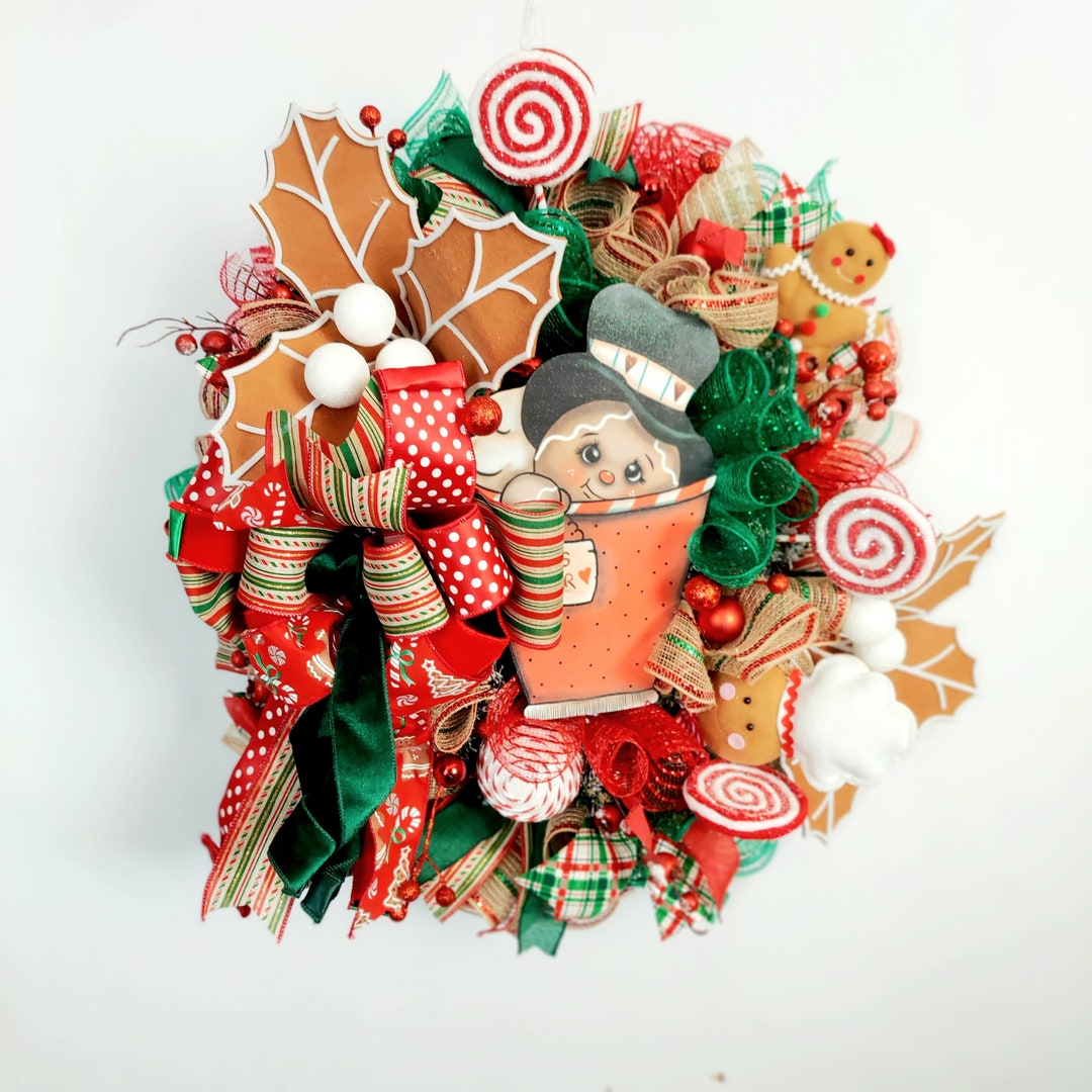Gingerbread Christmas Deco Mesh Whimsical Wreath for Front Door, Candy ...