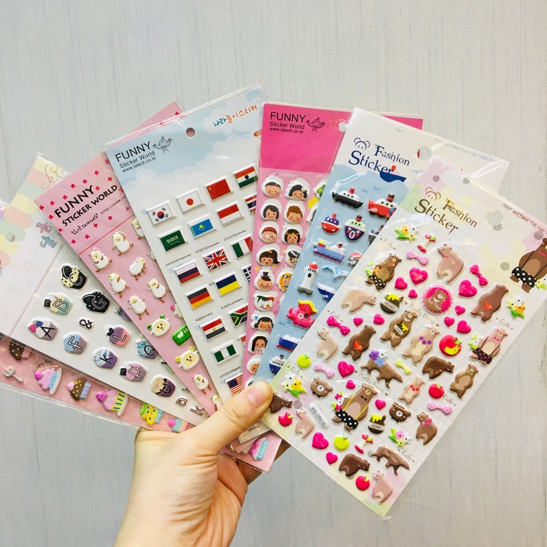 A Sheet of Puffy Cute Stickers :girl, Initials Letter, Cupcake, Sailing ...