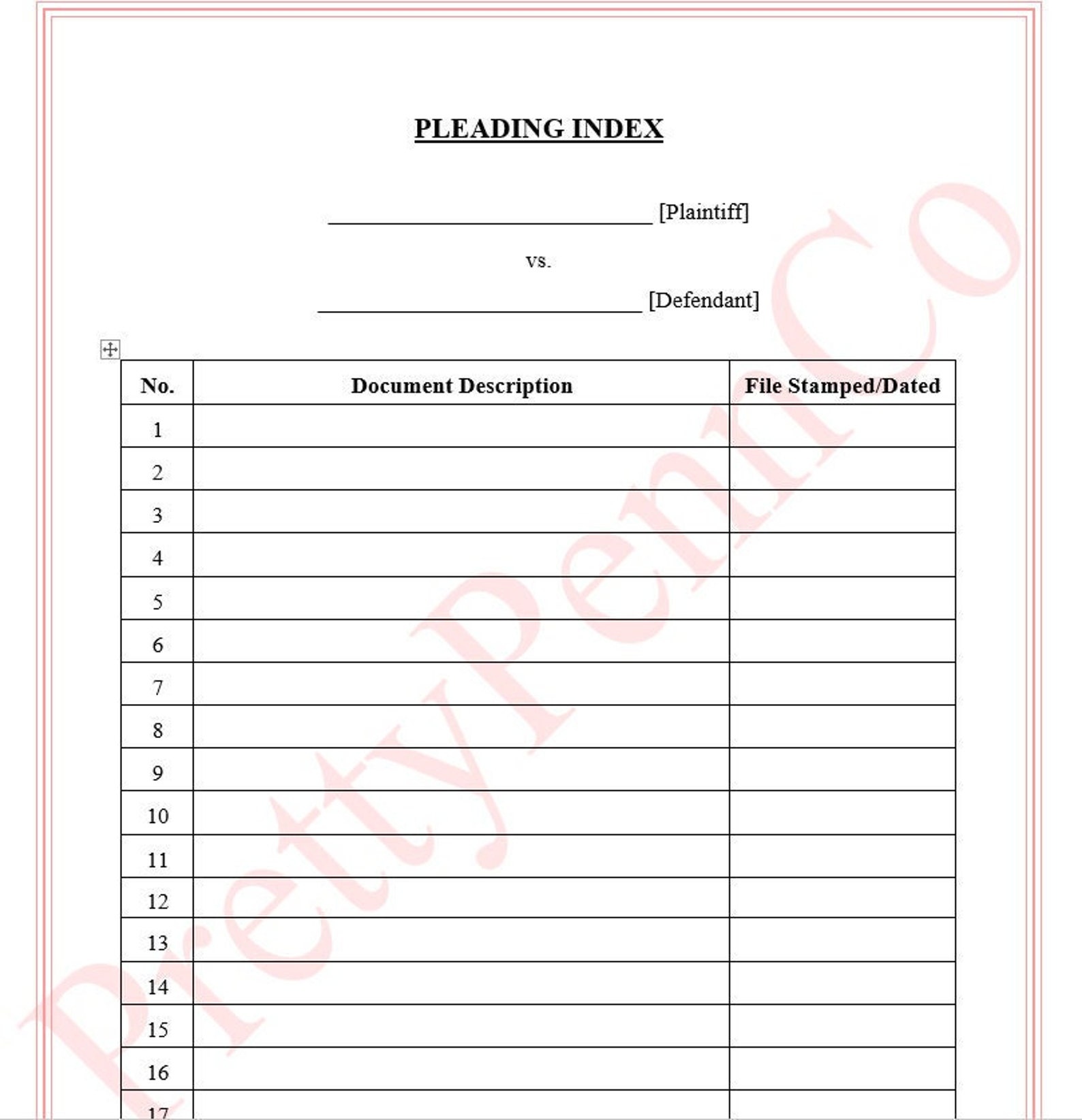 Legal Case Pleading Index Template - Etsy