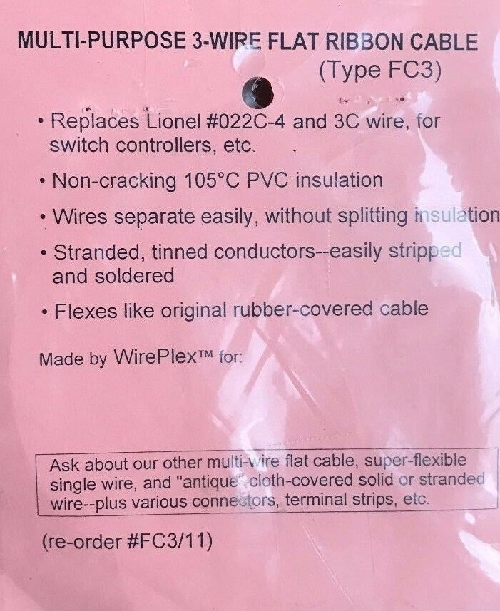 FC3 Flat 3 Conductor Wire 11 FT by Wire-plex™ FOR LIONEL 022 & 027 ...