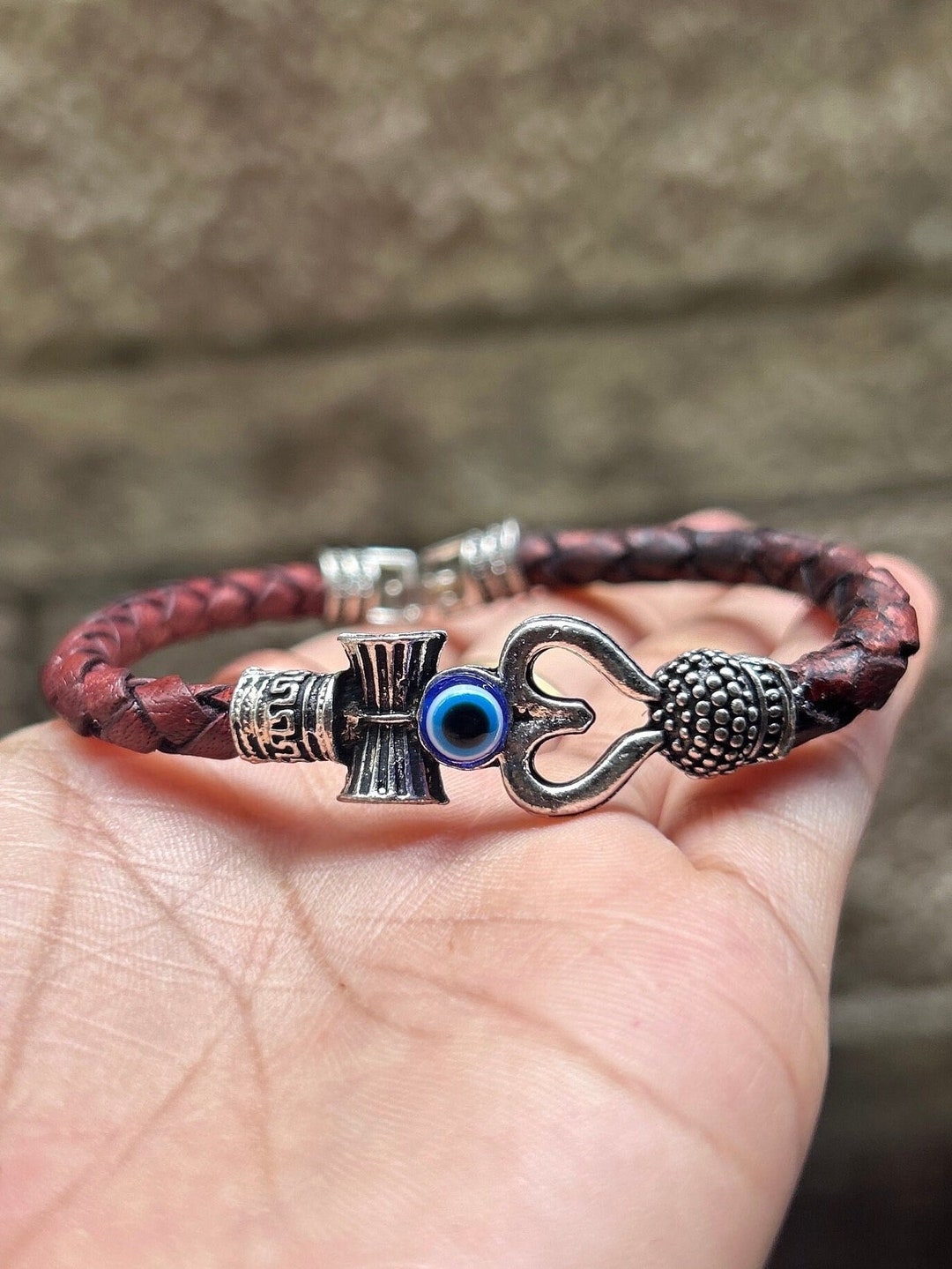 Evil Eye Trishul Damru OM Silver Plated Leather Mahadev Mahakal Shiva ...