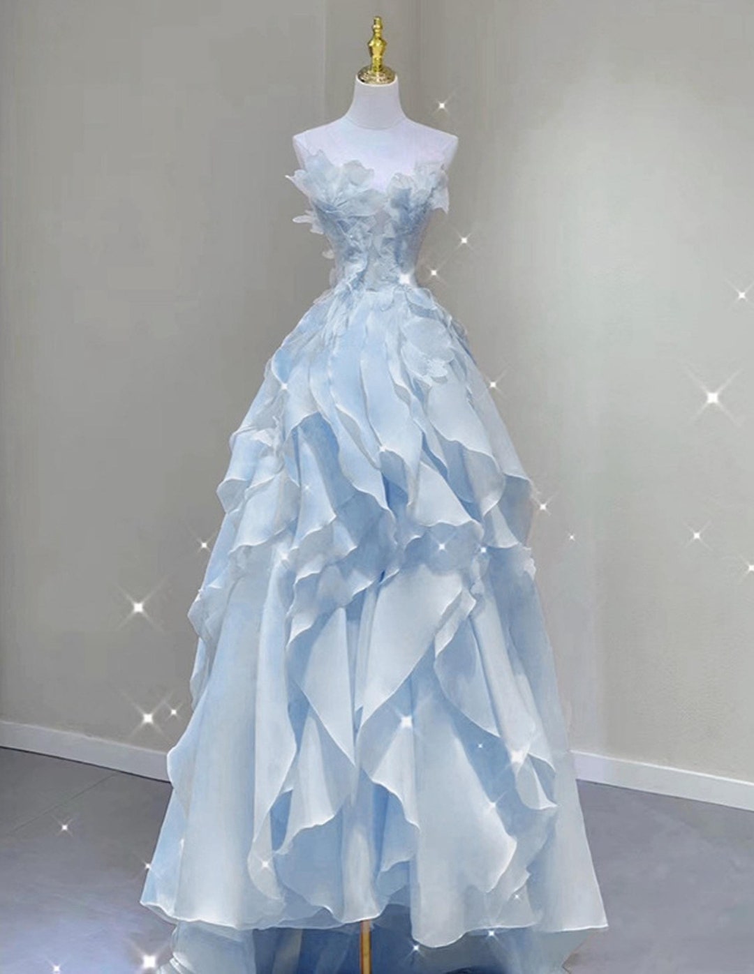 Blue Floral Tube Prom Gown,flower Tulle Prom Dress,fairy Ball Gown ...