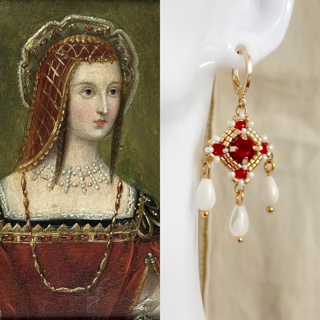 Catherine Renaissance Inspired Earrings Crystal and Red and Gold Seed ...