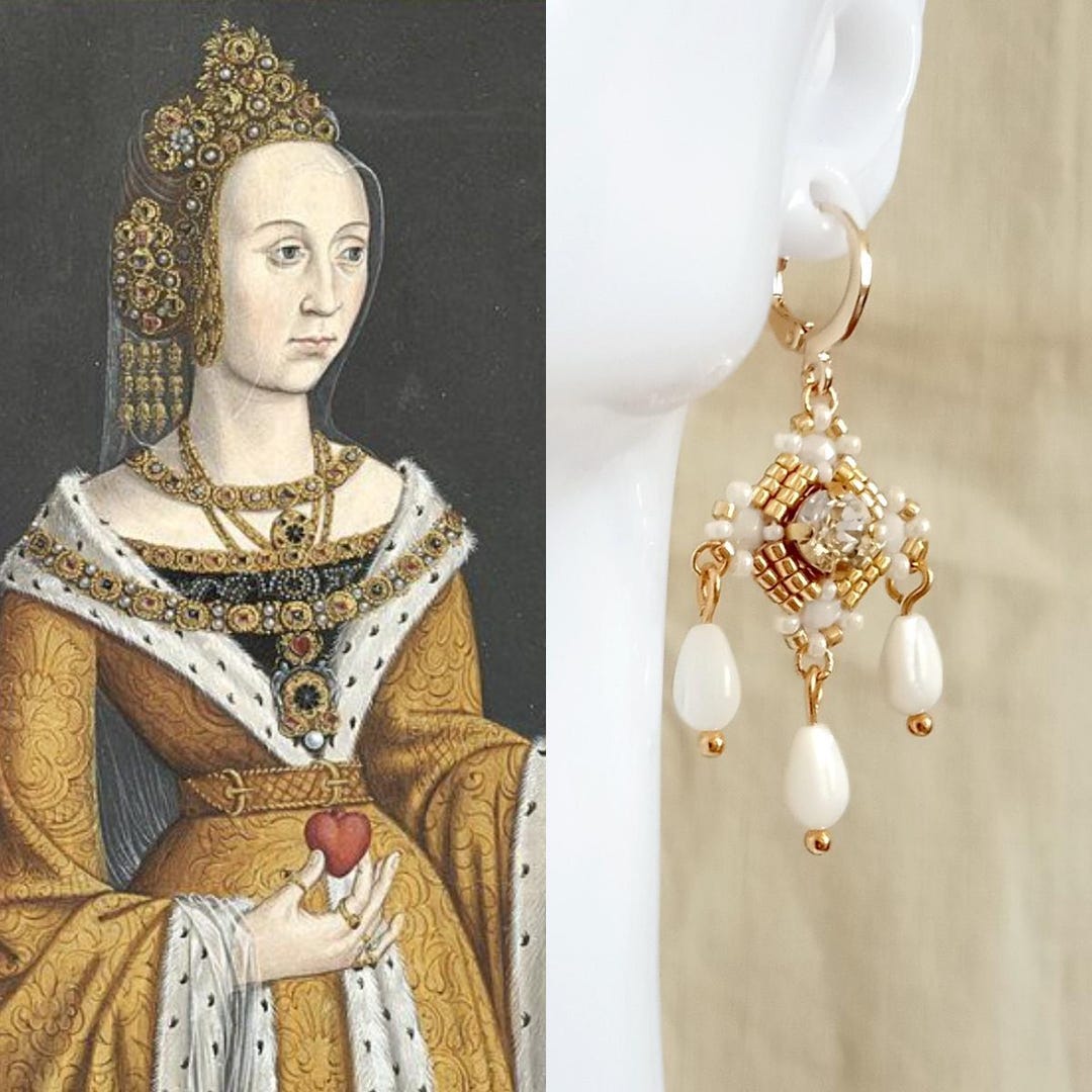 Catherine Renaissance Inspired Earrings Crystal and White and Gold Seed ...