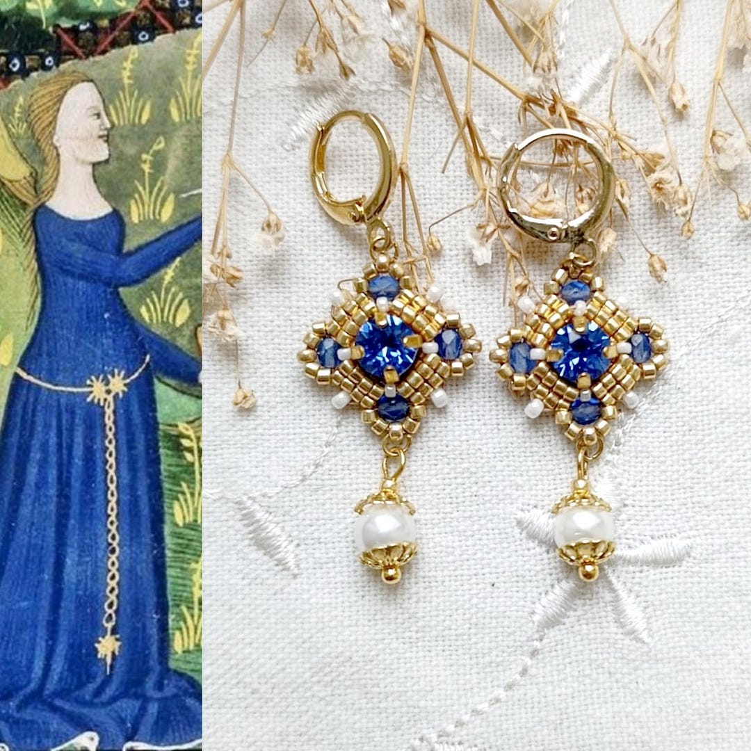 Medieval Inspired Earrings - ALIENOR - Crystal and Blue and Gold Seed ...