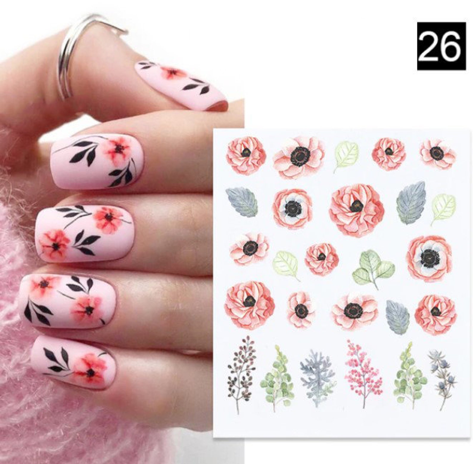 Flowers Nail Decals Abstract Nail Stickers Pink Flowers Etsy