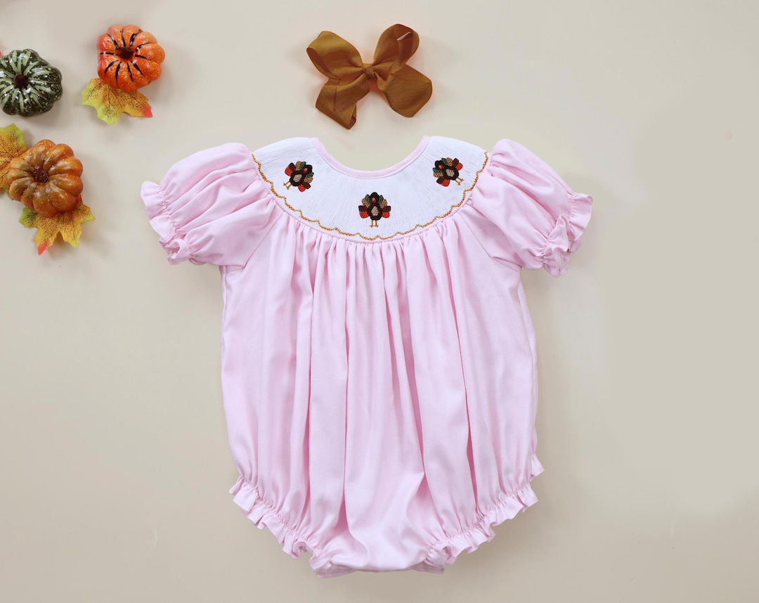 Turkey Smocked Bubble Thanksgiving Romper in Pink, Embroidered Turkeys Romper, Cute Fall Outfit ...
